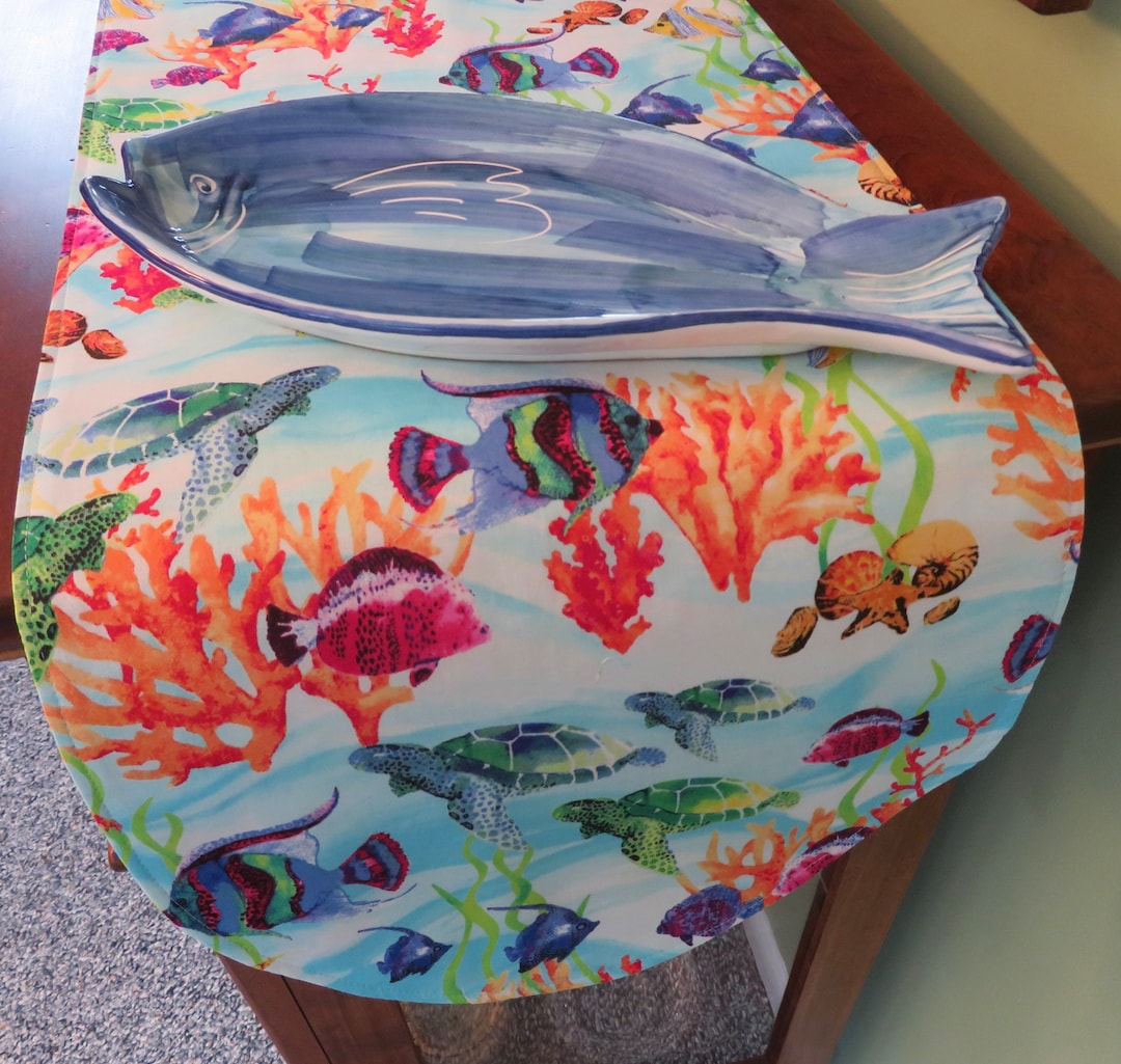 36" Tropical Fish Turtle Table Runner Reversible Nautical Coral Reef ...