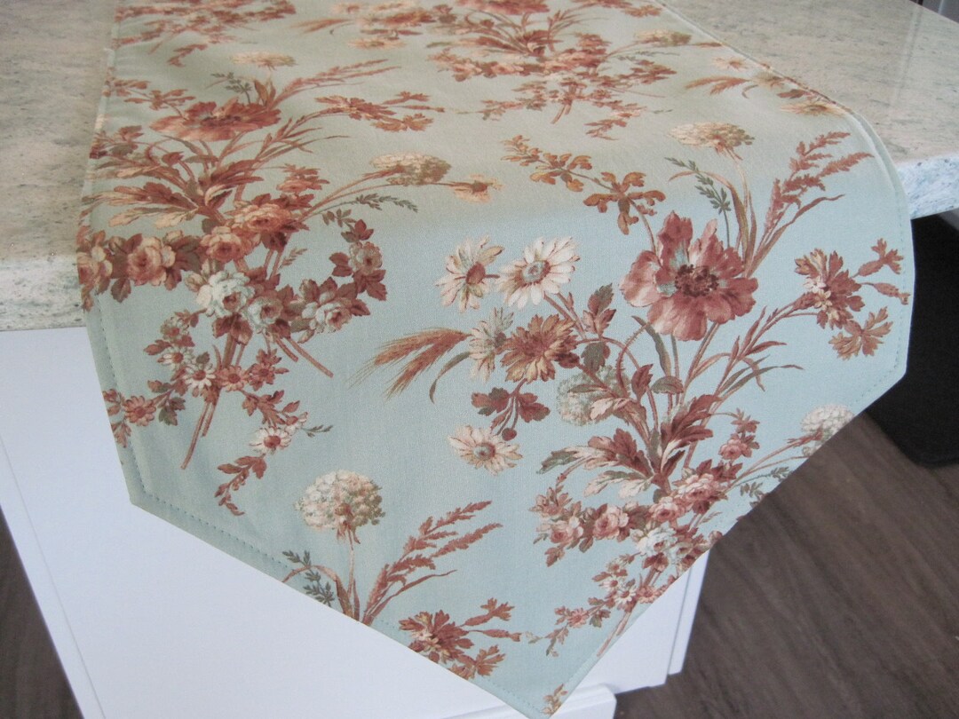54" 72" Aqua Floral Spring Table Runner Reversible Neutral Beige Table ...