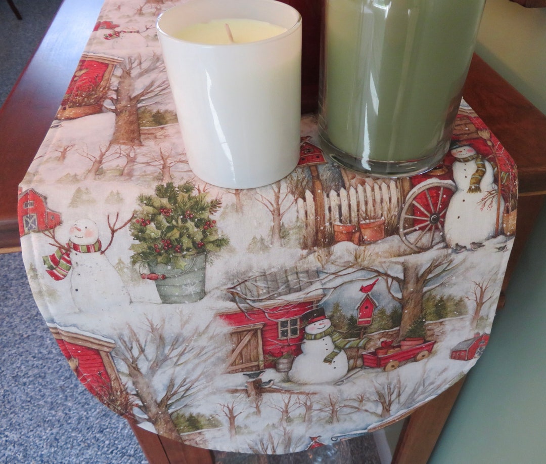 36" Snowman Table Runner Reversible Farmhouse Red Barn White Christmas ...