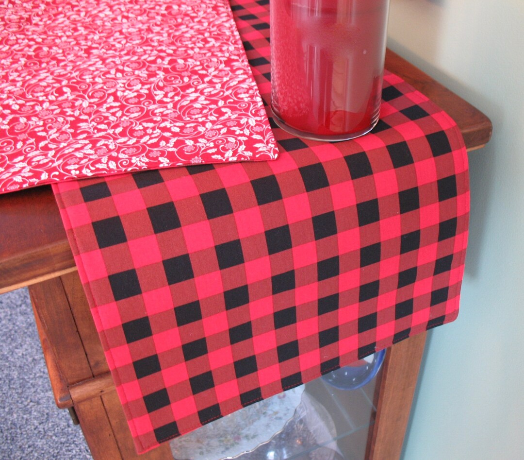 54" Red Black Check Table Runner Reversible Small Red Buffalo Plaid ...