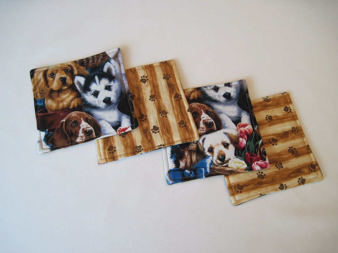 Dog Coaster Set Reversible 4 or 6 Puppy Coasters Doggy Mug Rugs Pet ...