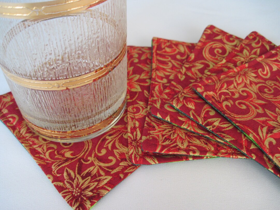 Red Gold Christmas Coasters Set 4 or 6 Red Poinsettia Mug Rugs Gold and ...