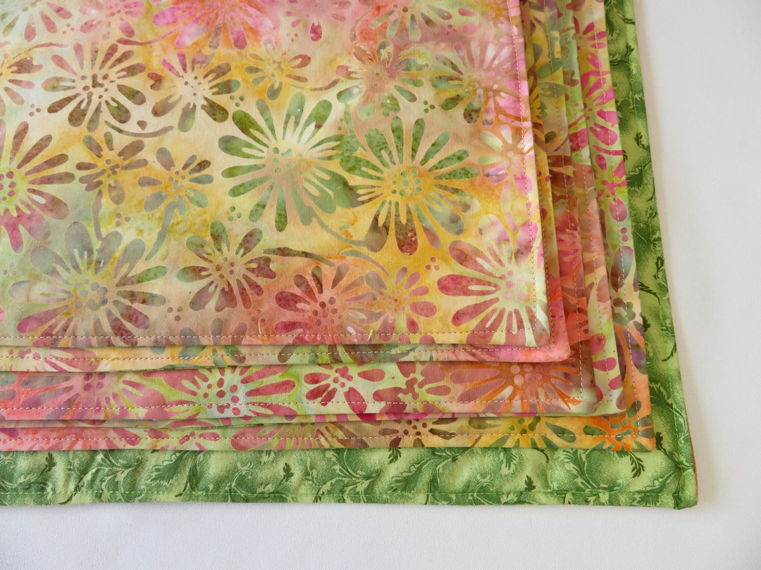 Summer Floral Batik Placemats 4 or 6 Reversible Coral Peachy Pink Green ...
