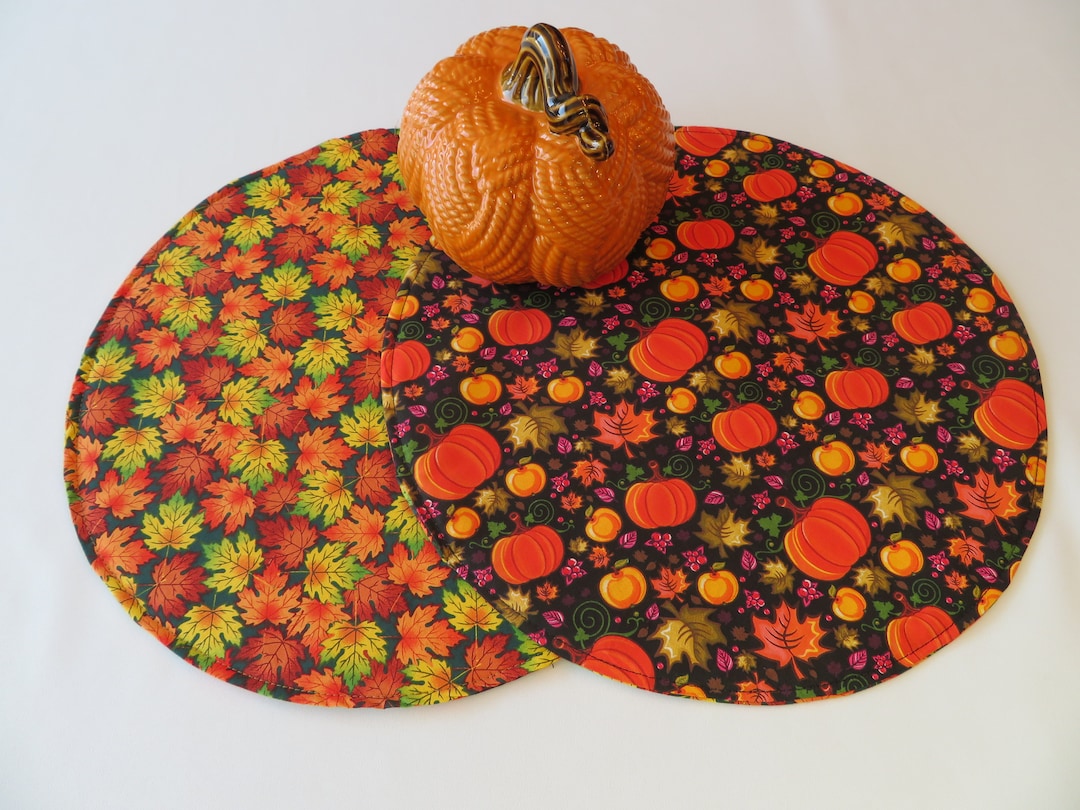 Green Fall Pumpkins and Leaves Circular Placemats Set 2 4 or 6 ...