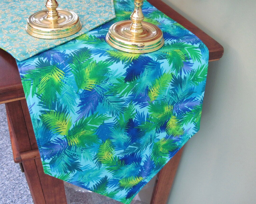 54" 72" Turquoise Blue Table Runner Reversible Green Fern Table Runner ...