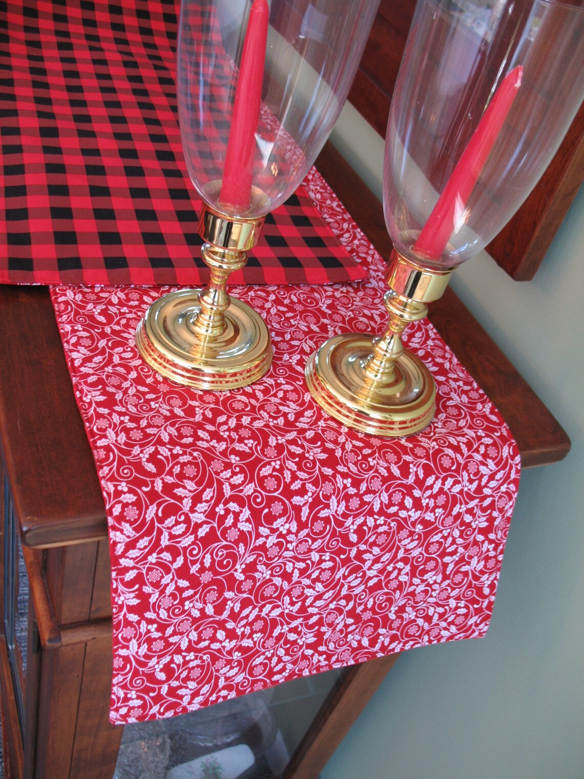 54" Red Black Check Table Runner Reversible Small Red Buffalo Plaid ...