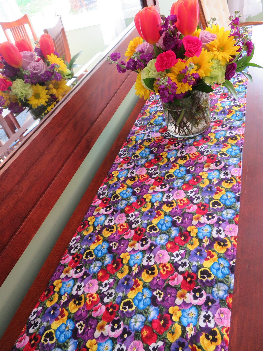72 Spring Pansy Table Runner Reversible Purple Table Runner Red Pink ...