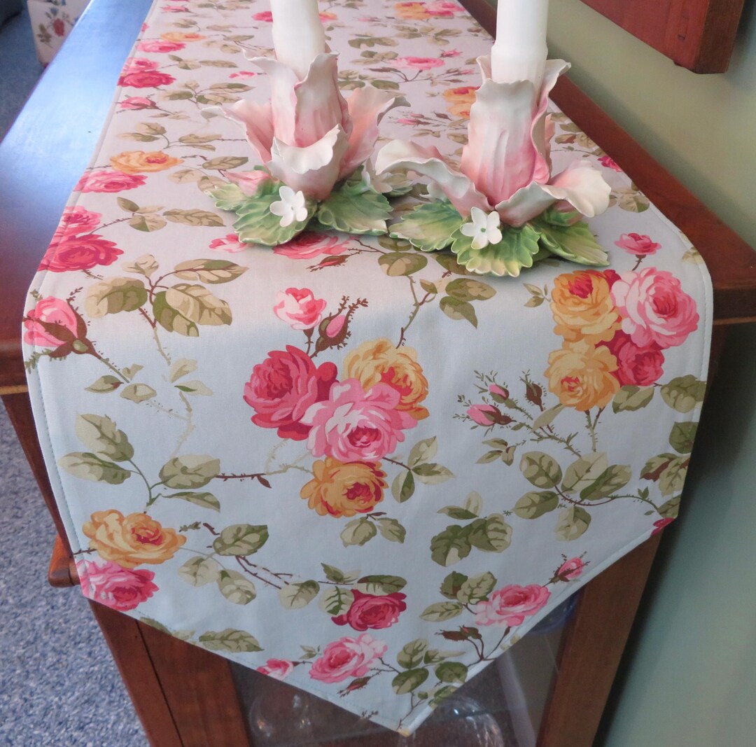 54" 72" 90" Pink Rose Table Runner Reversible Light Green Aqua Table ...