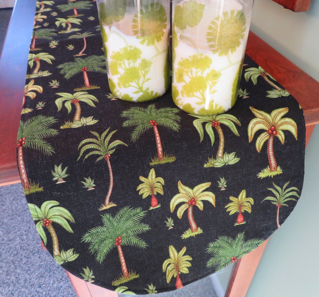 36" Palm Tree Table Runner Reversible Tropical Black Palm Tree Green ...
