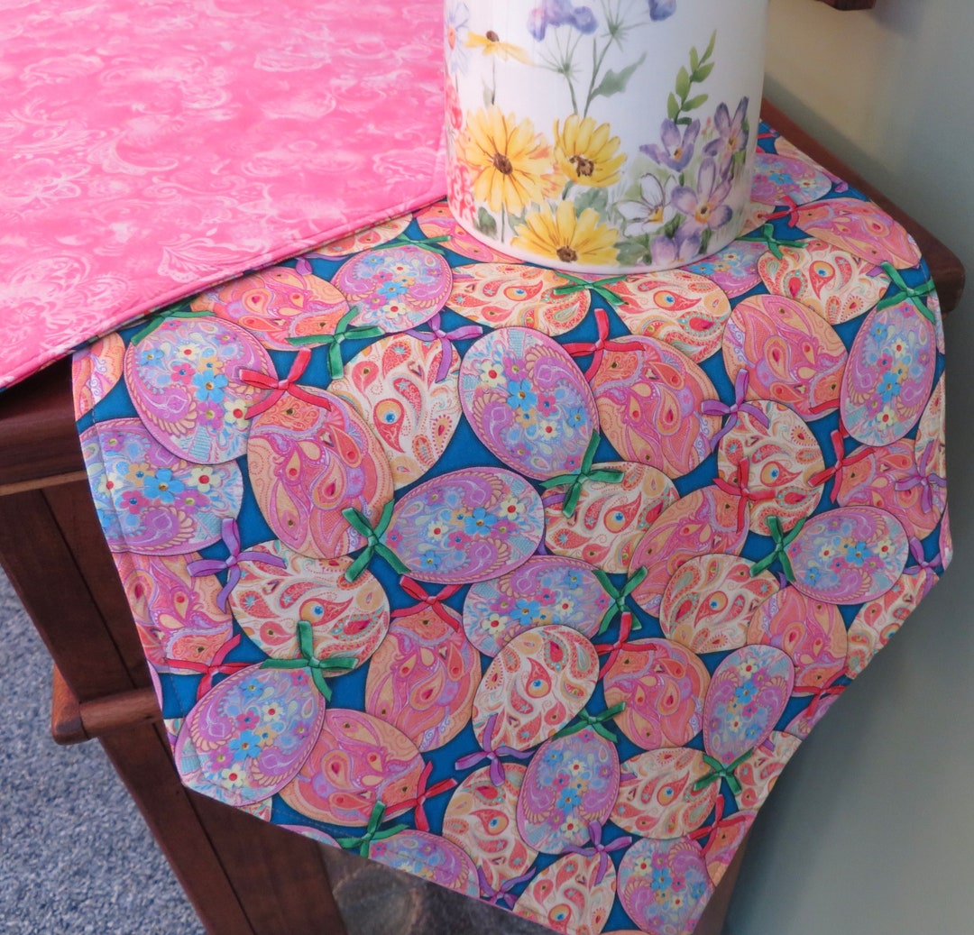 72" 90" Easter Table Runner Reversible Easter Pink Decorated Eggs Table Runner Dyed Colored Eggs ...