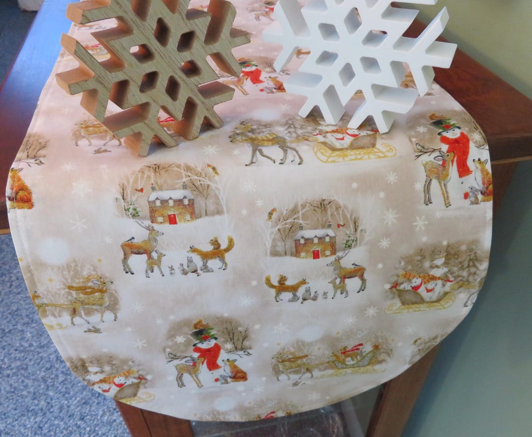 36" Snowman Deer Table Runner Reversible Beige Snowflake Runner ...