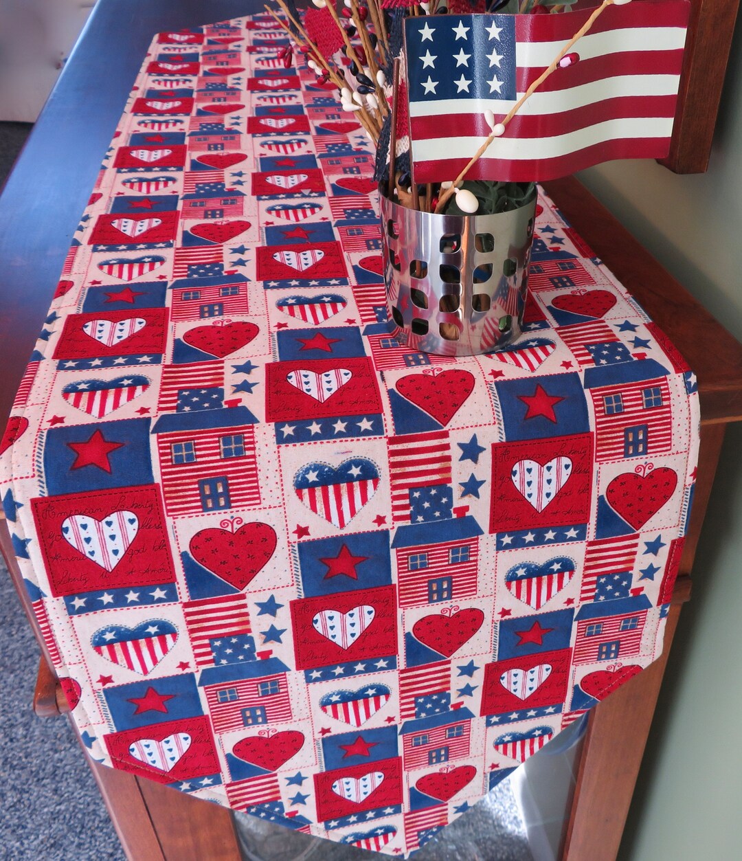 54" Americana Country Heart Table Runner Reversible Red White and Blue ...