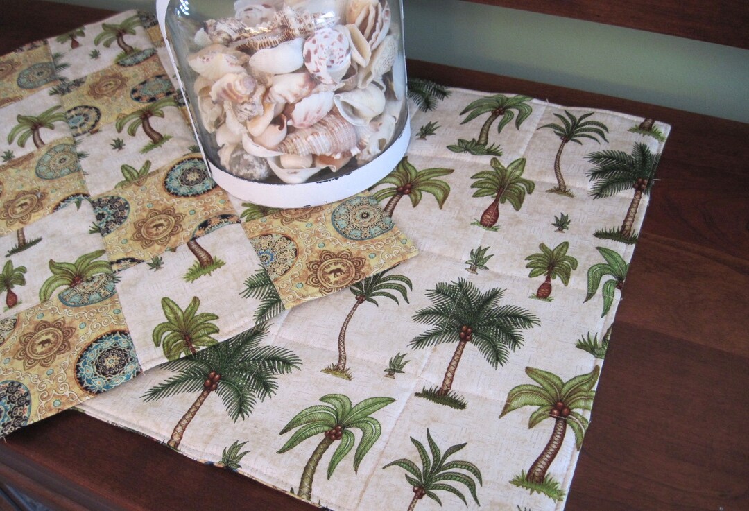 Palm Tree Quilted Centerpiece Reversible Tropical Green Table Topper ...