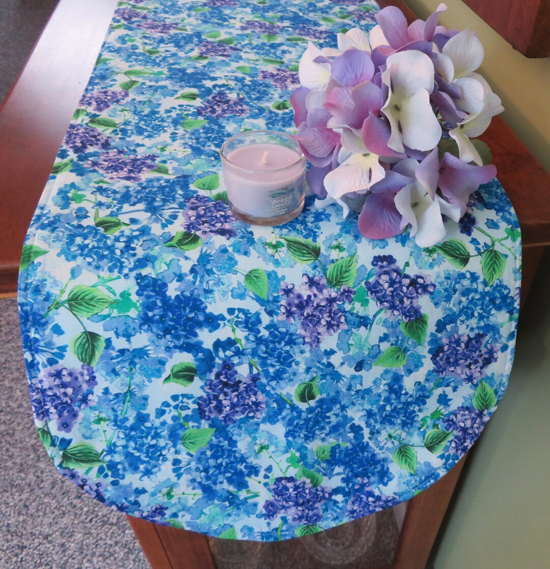 36" Blue Purple Hydrangea Table Runner Reversible Summer Table Runner Lavender Runner Hydrangea ...