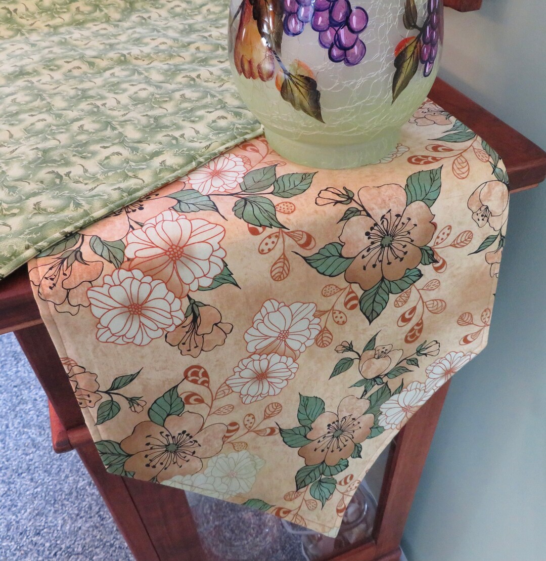 72" Fall Green Floral Table Runner Reversible Green Tan Table Runner ...