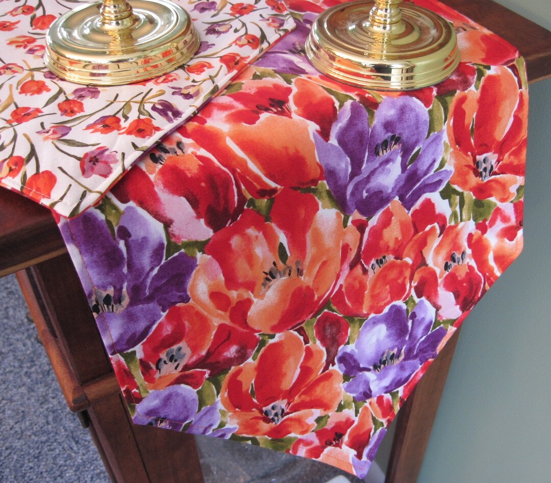 SALE 54 72 90 Tulip Table Runner Reversible Purple Tulip Easter Table Runner Orange Table Runner ...