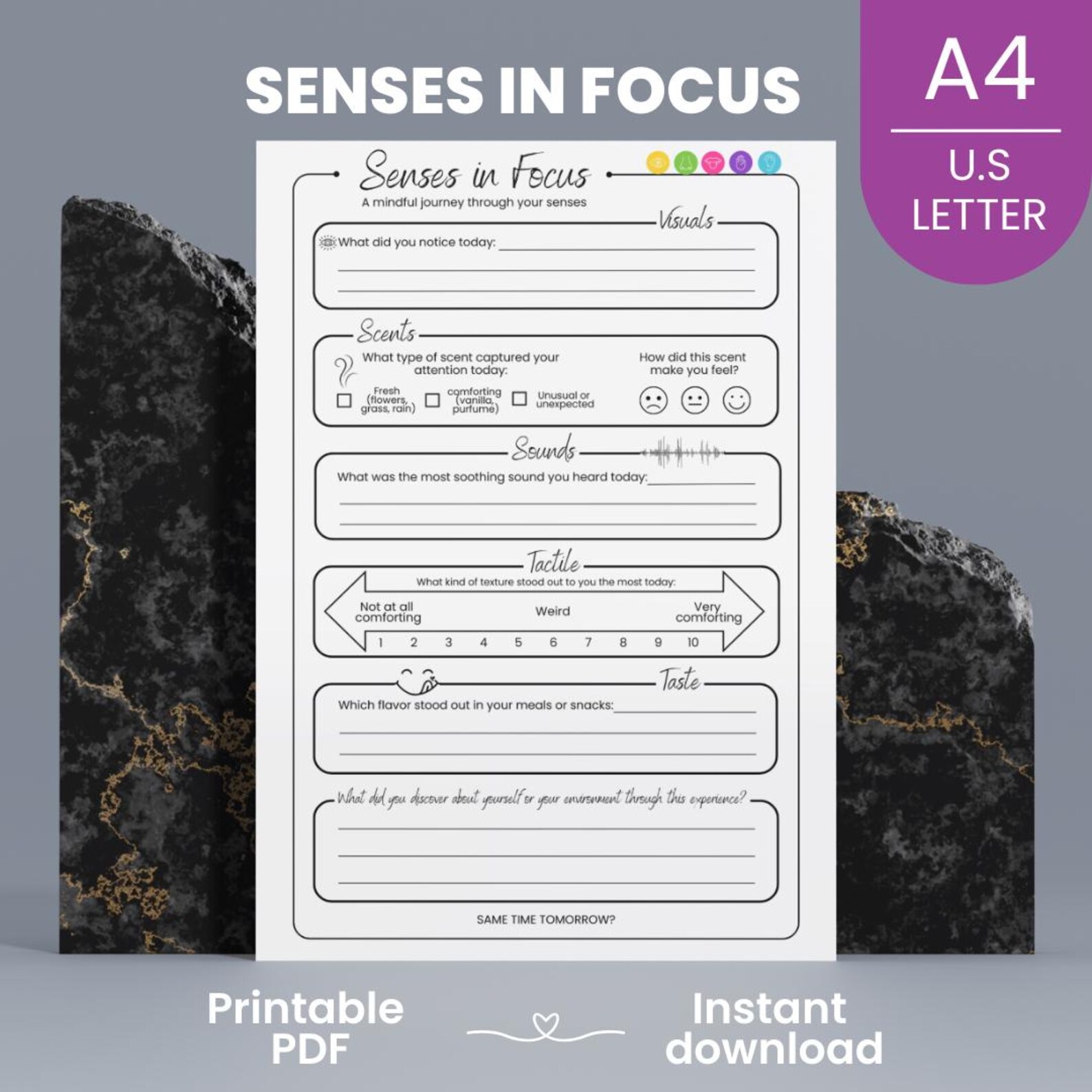 Senses in Focus: Printable PDF Mindfulness Reflection Template for ...