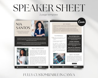 Speaker Media Kit Template, Speaker Sheet Canva Template, EPK for Keynote Speakers, Book Authors ...