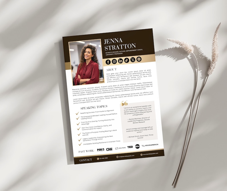 Editable Speaker One Sheet Canva Template, Professional Media Kit for ...