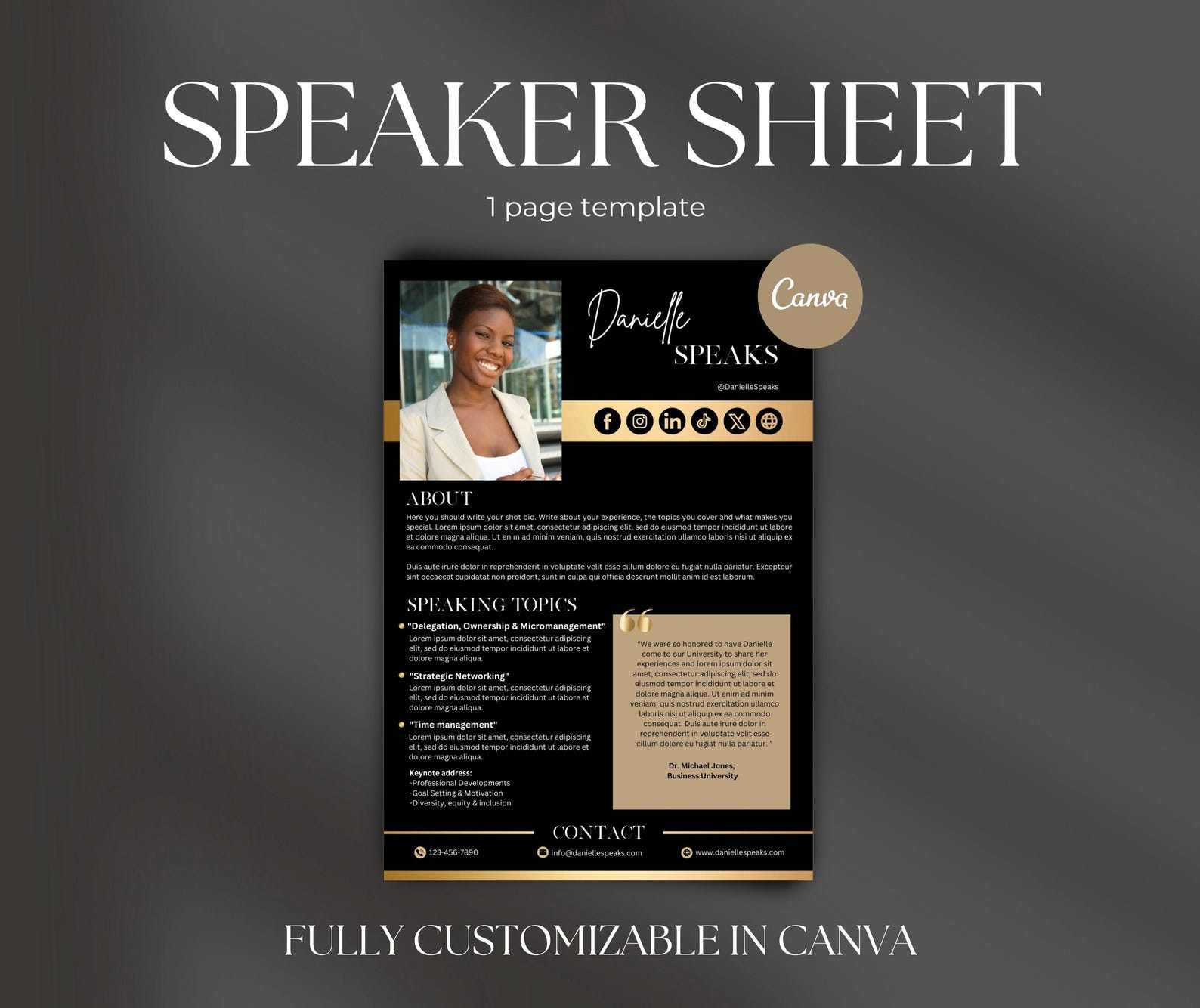 Speaker Sheet Template, Black and Gold Speaker Sheet Canva Template for Speakers, Professional ...