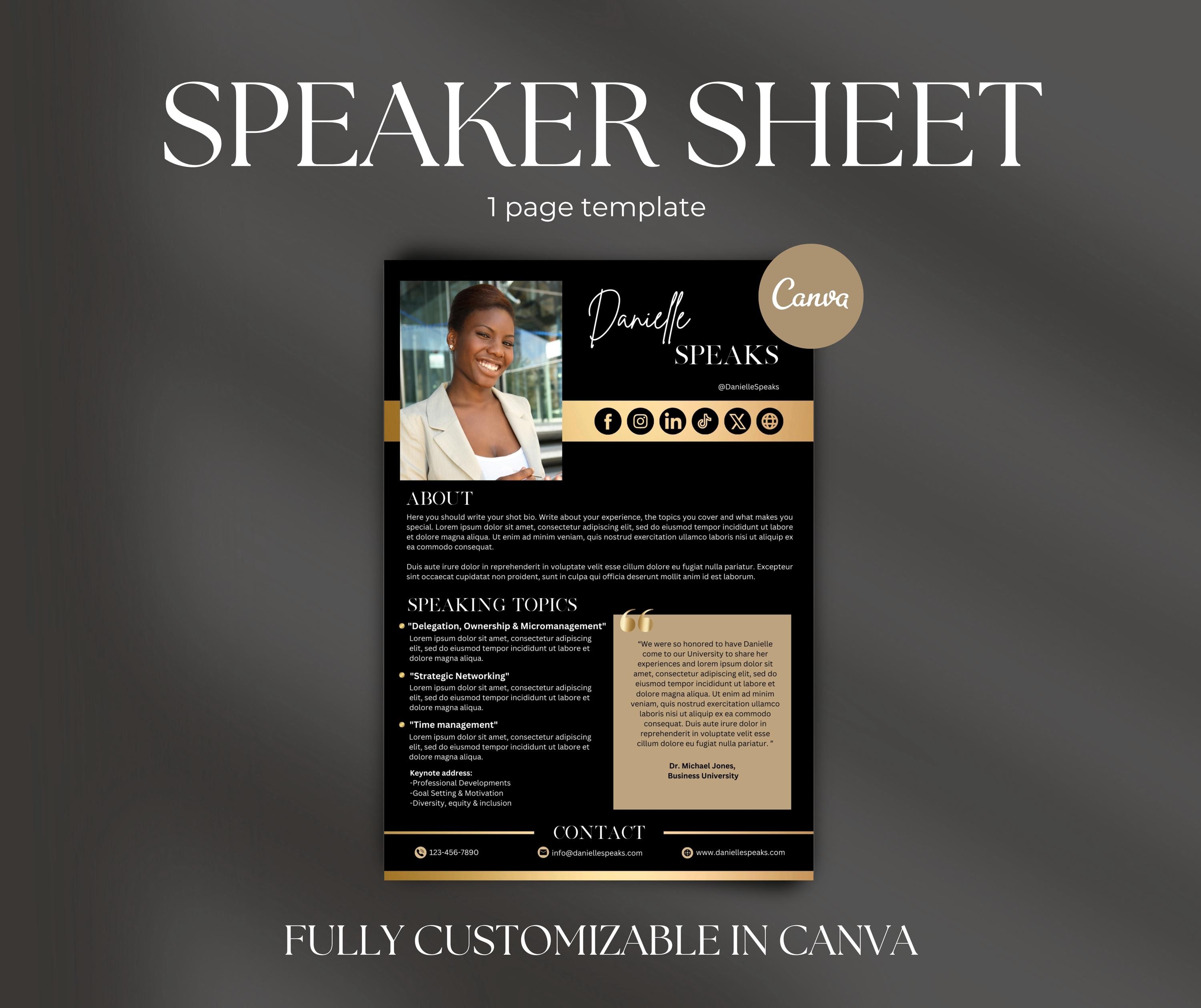 Speaker Sheet Template, Black and Gold Speaker Sheet Canva Template for Speakers, Professional ...