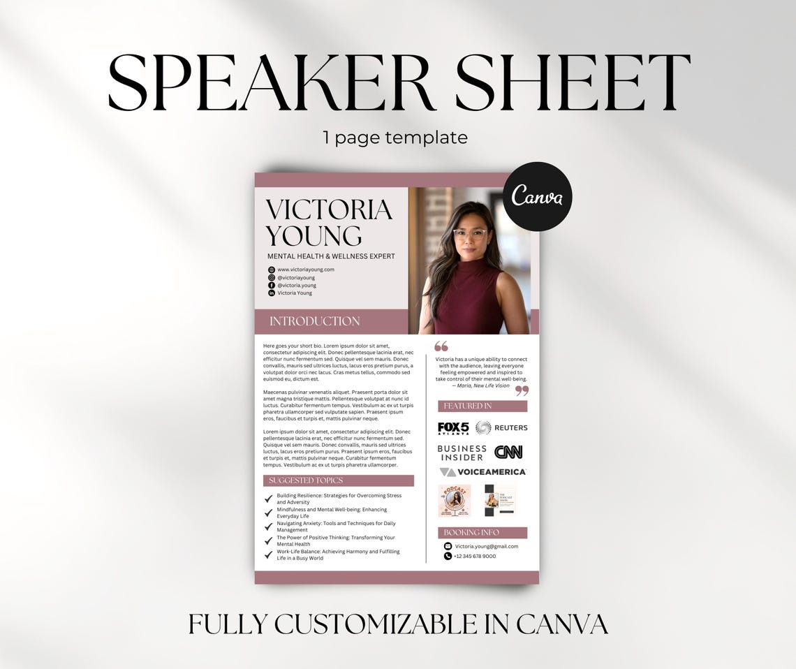 Speaker Sheet Template, Speaker One Sheet Canva Template, Media Kit for ...