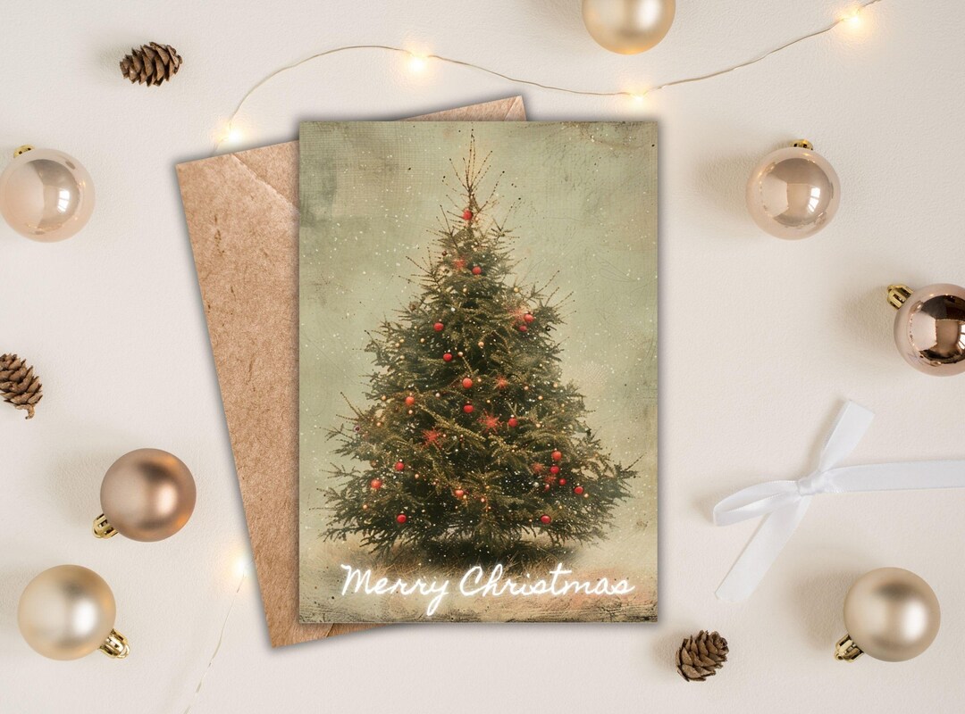 Christmas Tree Printable Card, Vintage Holiday Greeting Card With ...