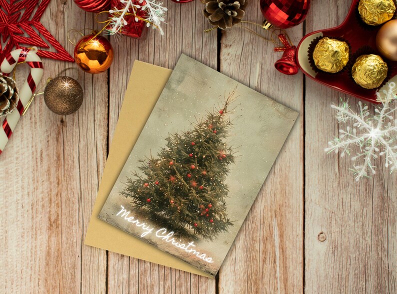 Christmas Tree Printable Card, Vintage Holiday Greeting Card With ...