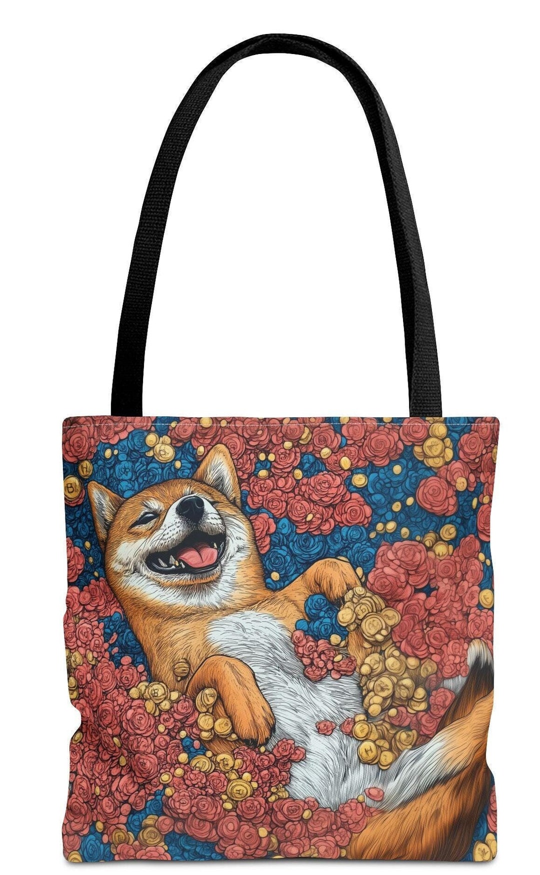 LAUGHING SHIBA INU Tote Bag Floral & Gold Coin Design - Stylish and ...
