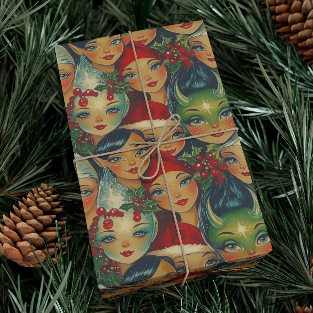 SINISTER CHRISTMAS ELVES Christmas Vintage Elves Wrapping Paper Holiday ...