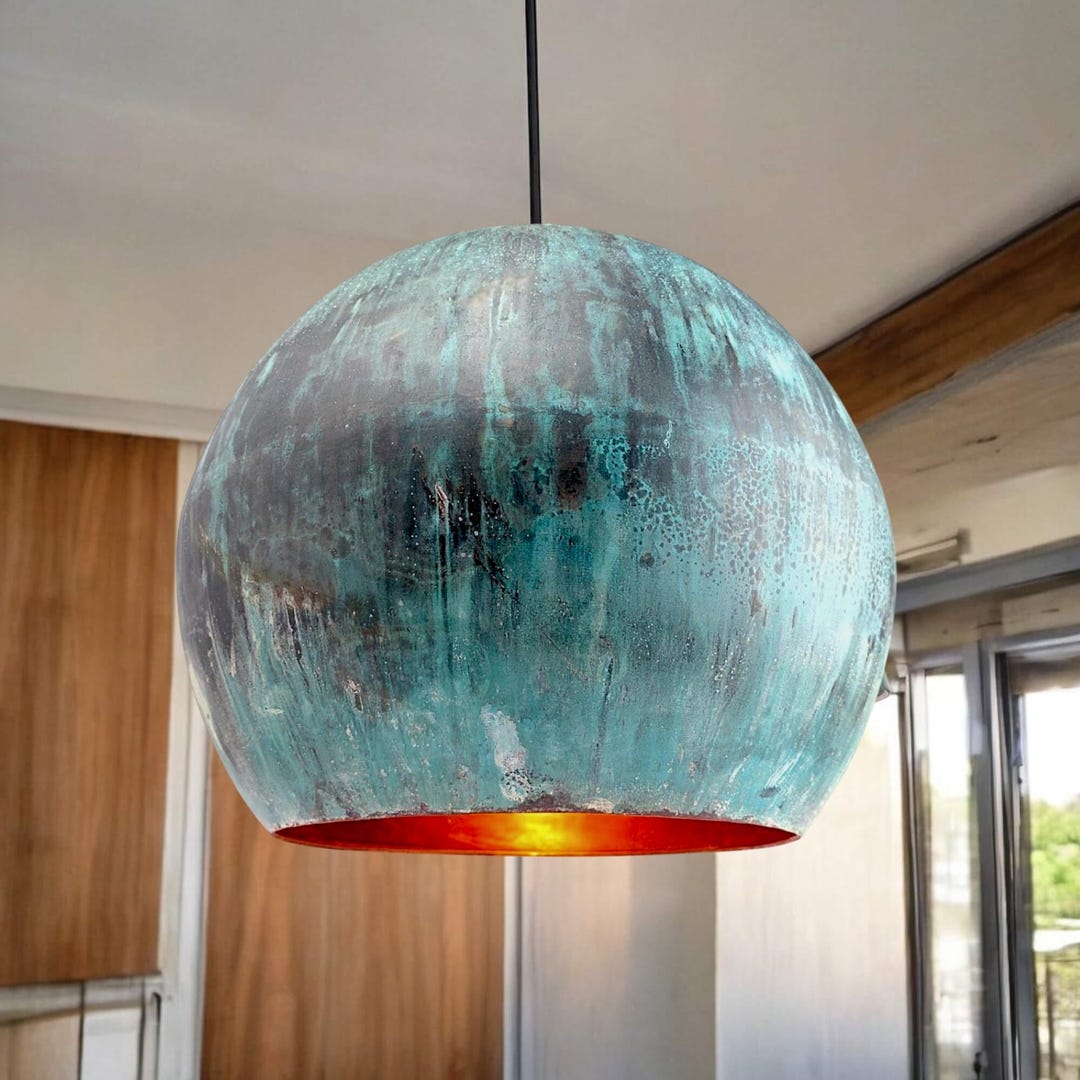 Farmhouse Copper Hanging Light - Globe Patina Kitchen Island Light ...