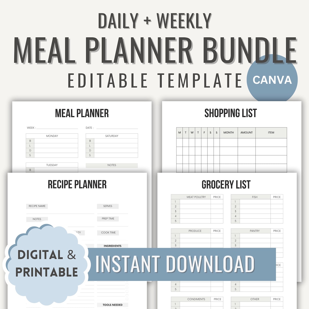 Editable Meal Planner Template Grocery List Printable 7 Day Menu Plan ...