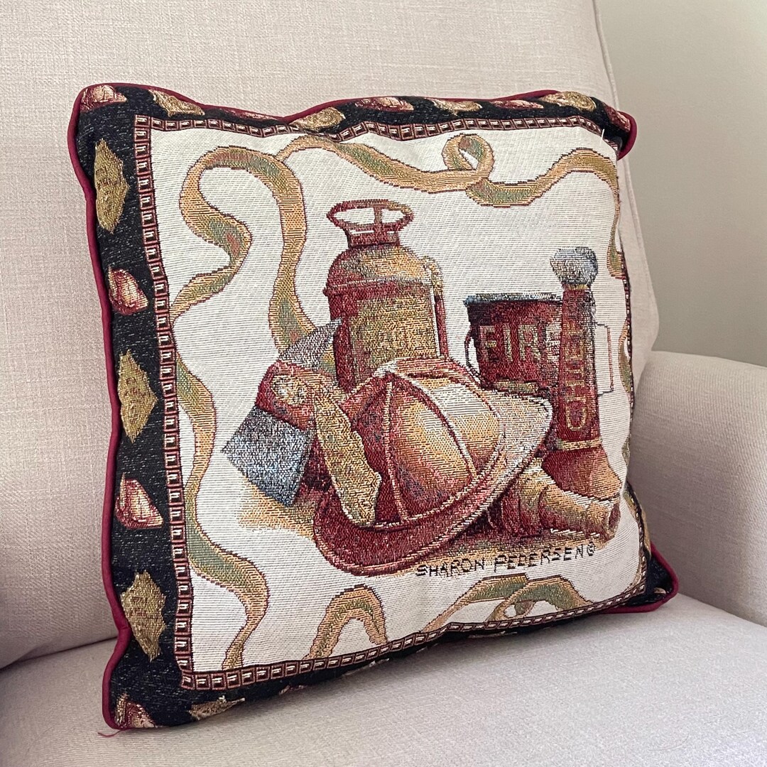 Vintage Firefighter Tapestry Pillow: Retro Boy Room Decor (15x15 Inches ...