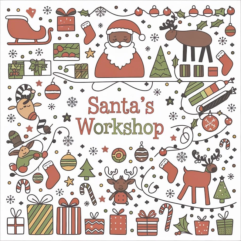 Santa's Workshop Doodle Art for Kids - Holiday Coloring Pages ...