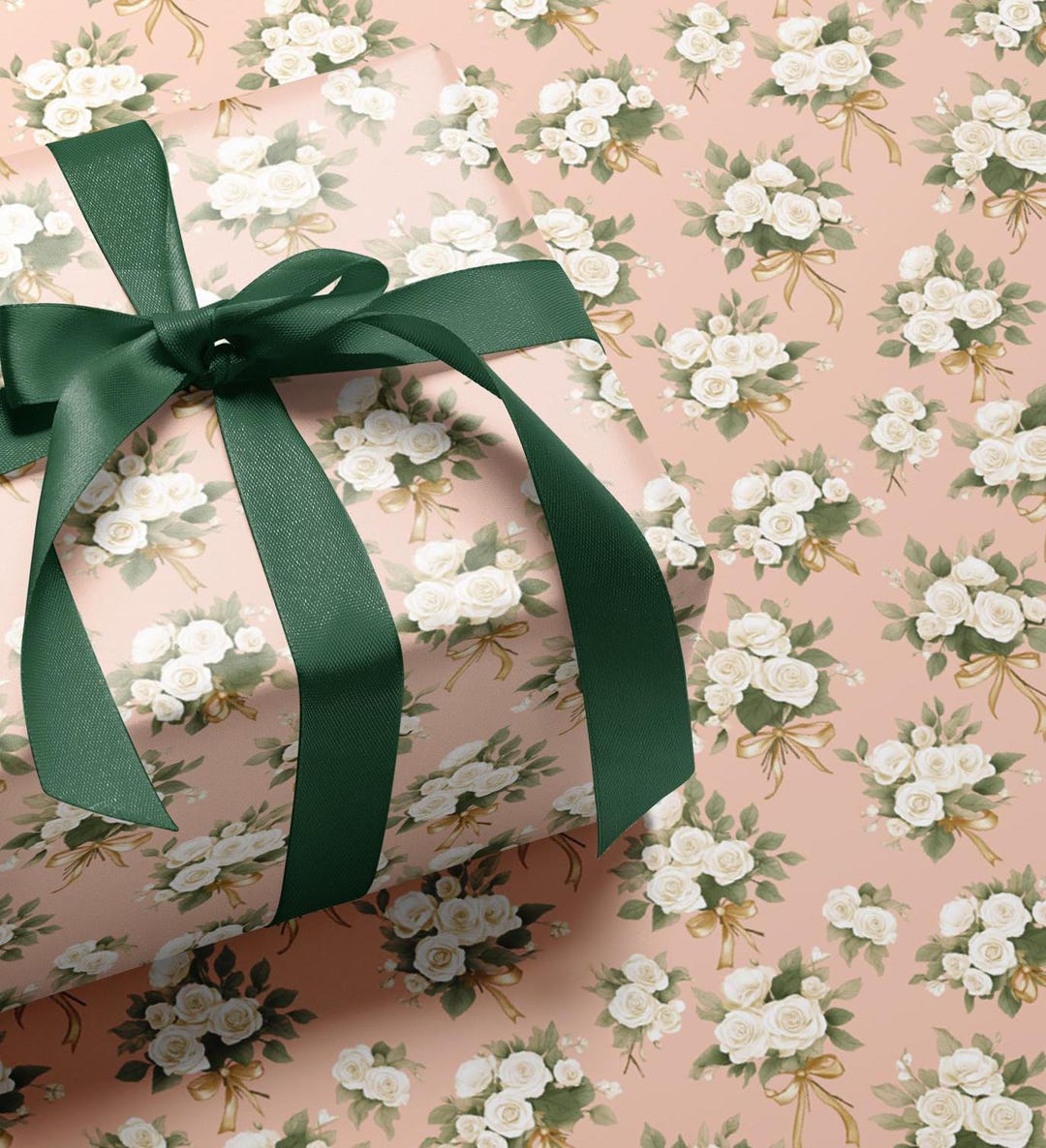 Blush Pink Floral Wrapping Paper - White Roses & Gold Ribbons - Etsy