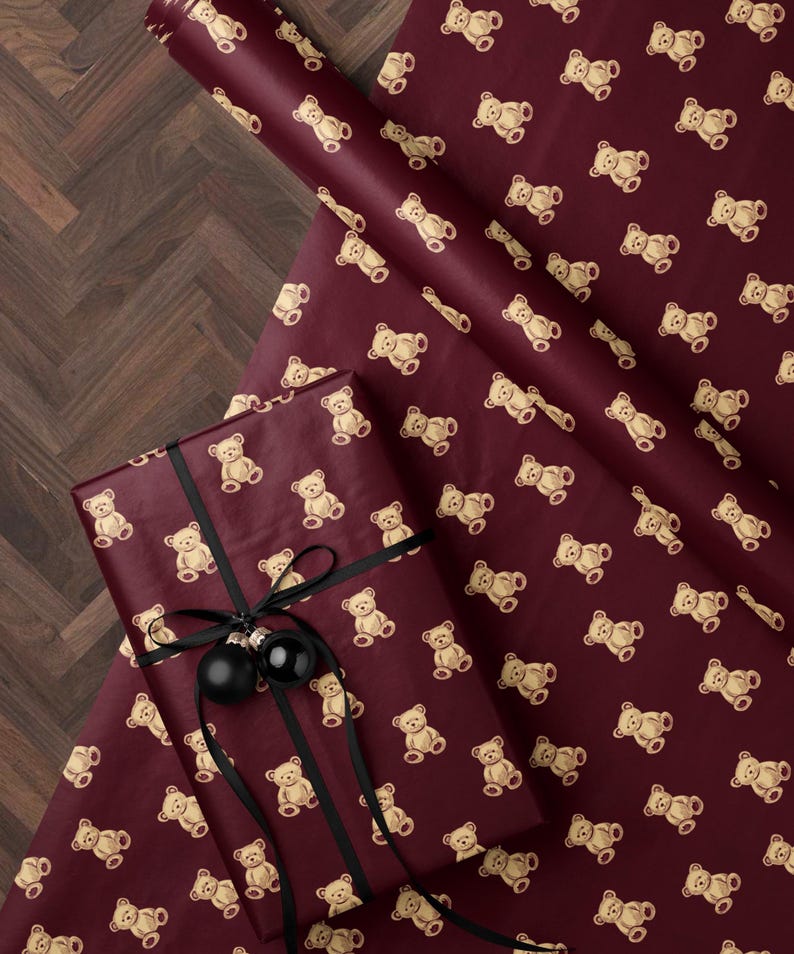 Burgundy Gift Wrap - Golden Teddy Bears, Holiday Wrapping Paper - Etsy