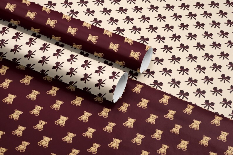 Burgundy Gift Wrap - Golden Teddy Bears, Holiday Wrapping Paper - Etsy