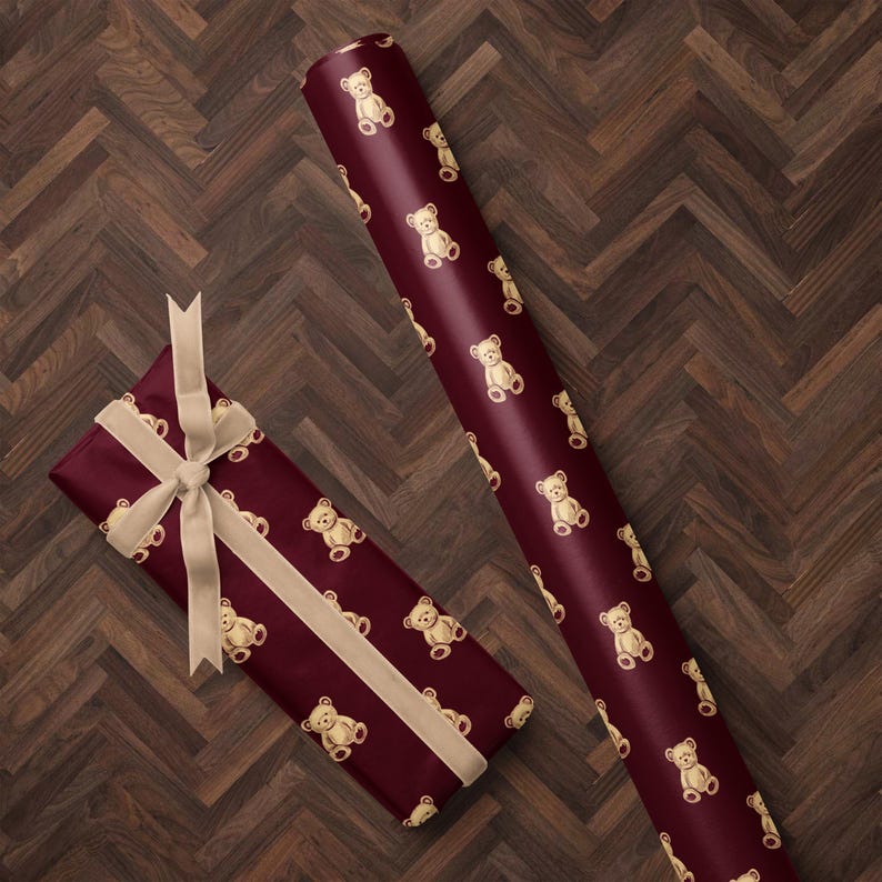 Burgundy Gift Wrap - Golden Teddy Bears, Holiday Wrapping Paper - Etsy
