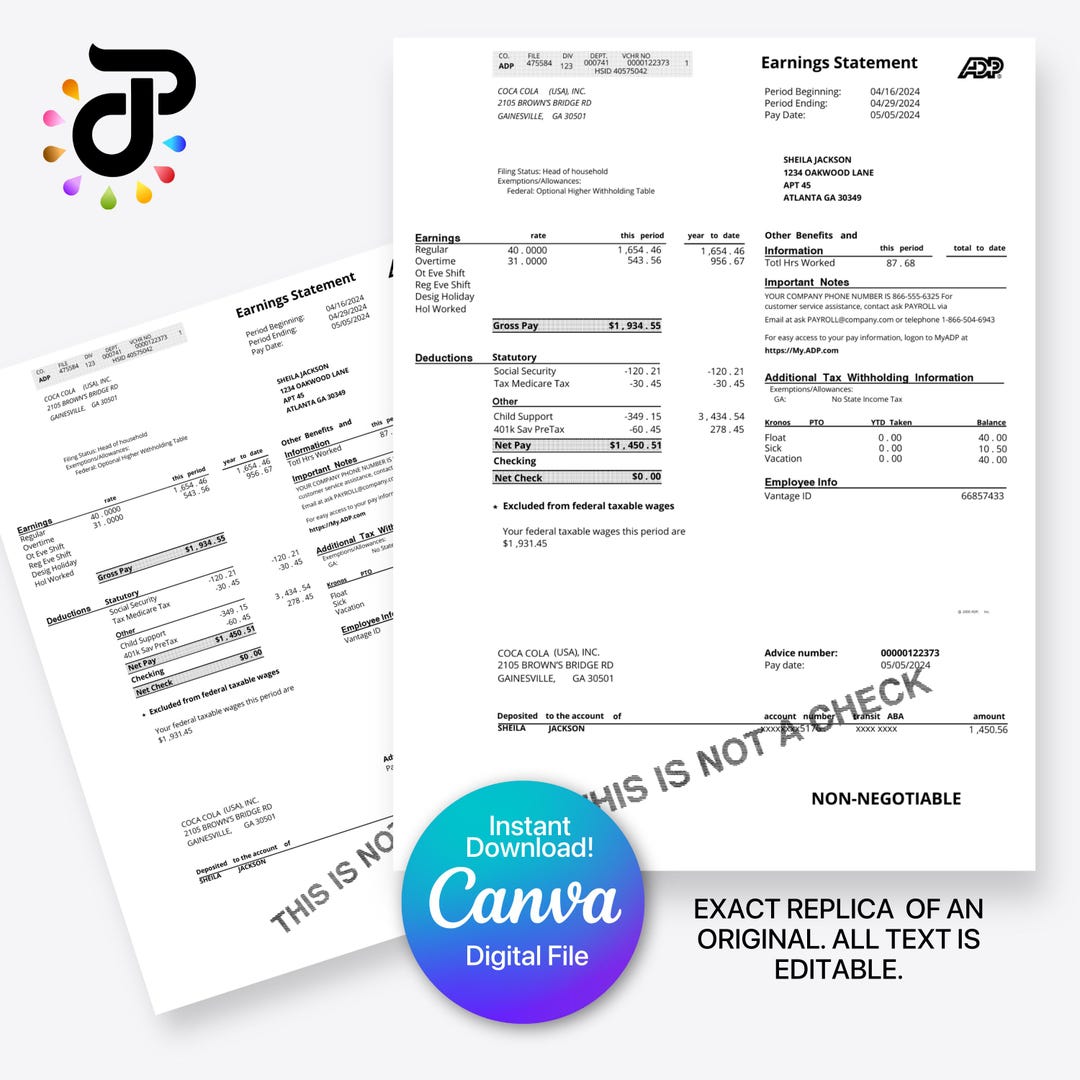 DIY Editable Professional ADP Pay Stub Replica Canva Template for ...
