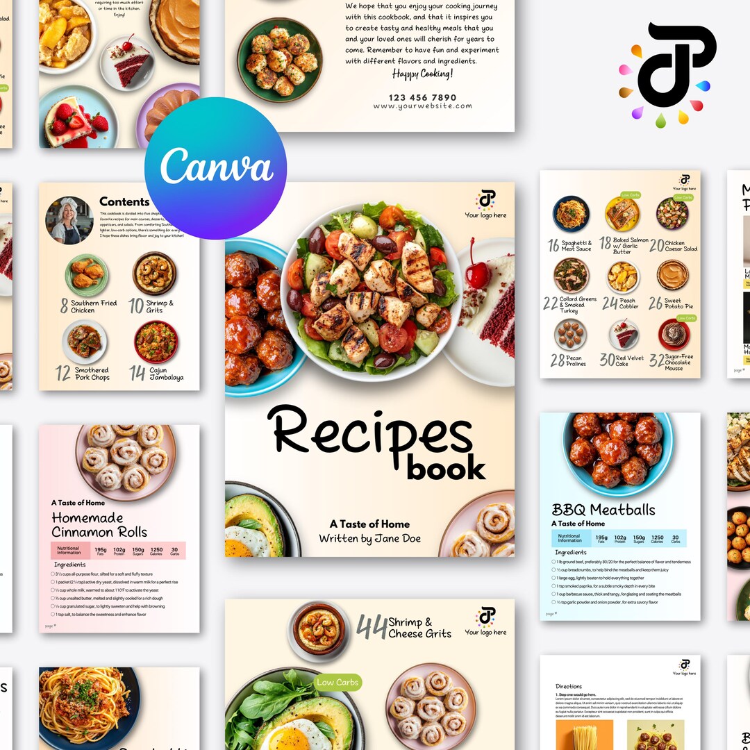 60 Page Editable Colorful Cookbook Recipe Book Canva Template ...
