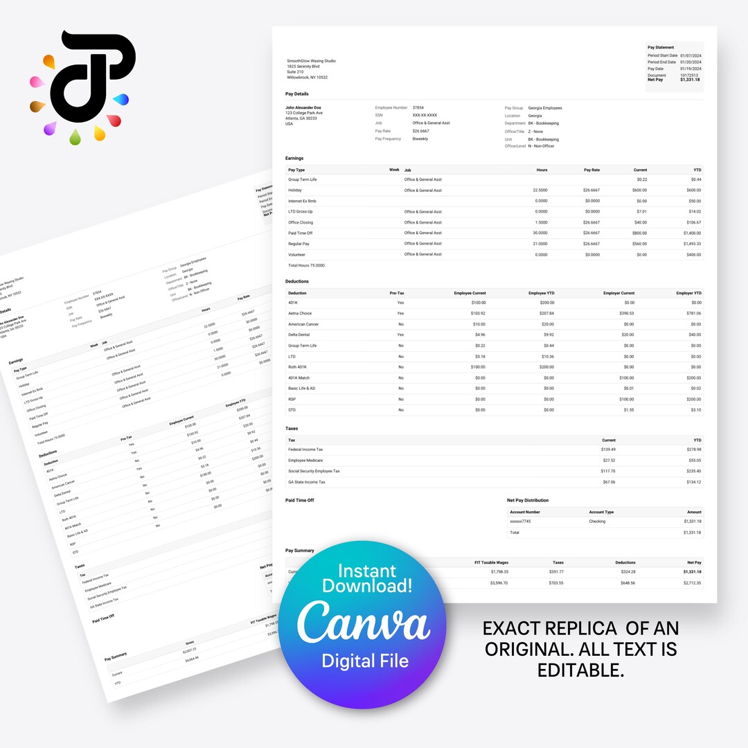 Editable Pay Stub Template: Professional Replica for Canva (PDF) - Etsy ...