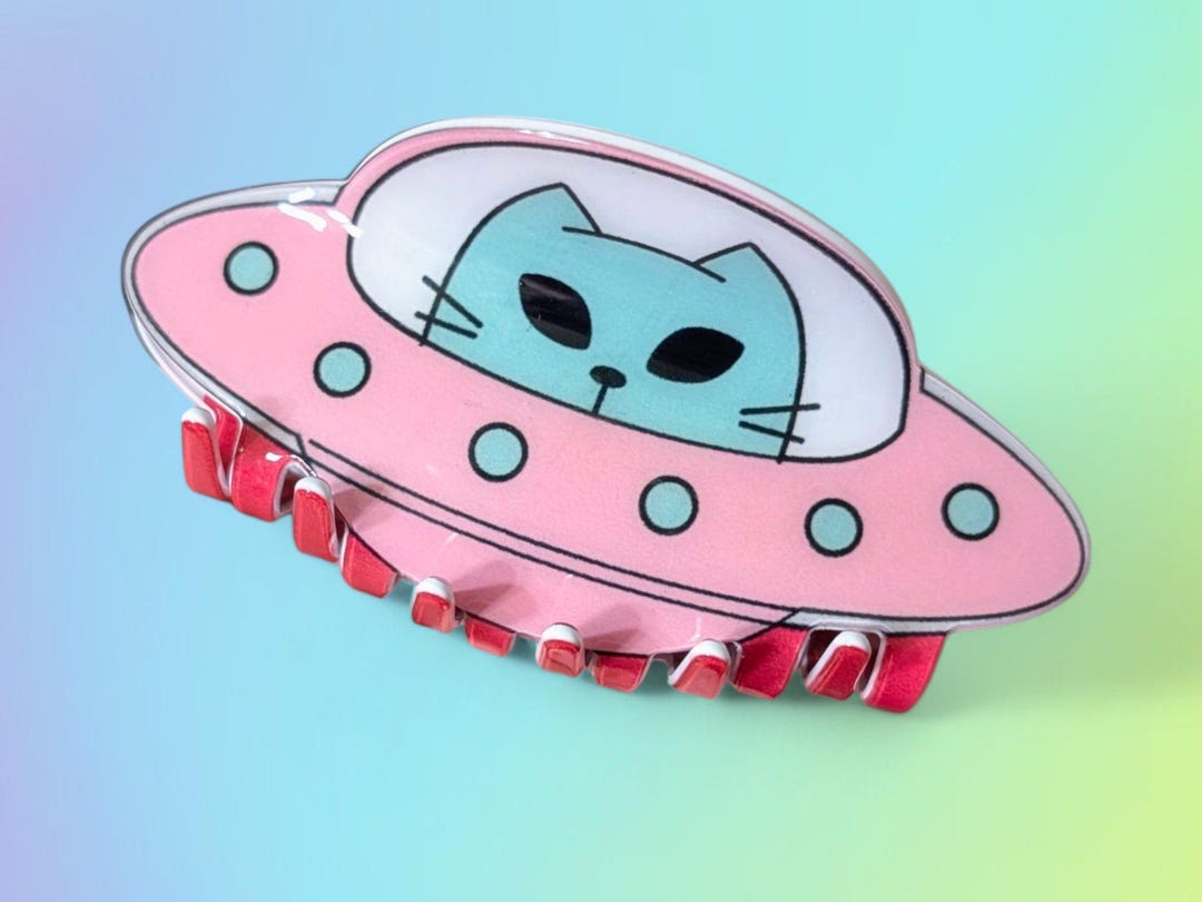 Alien Cat UFO Space Kitty Fun Conversation Piece Acrylic Hair Claw Hair ...