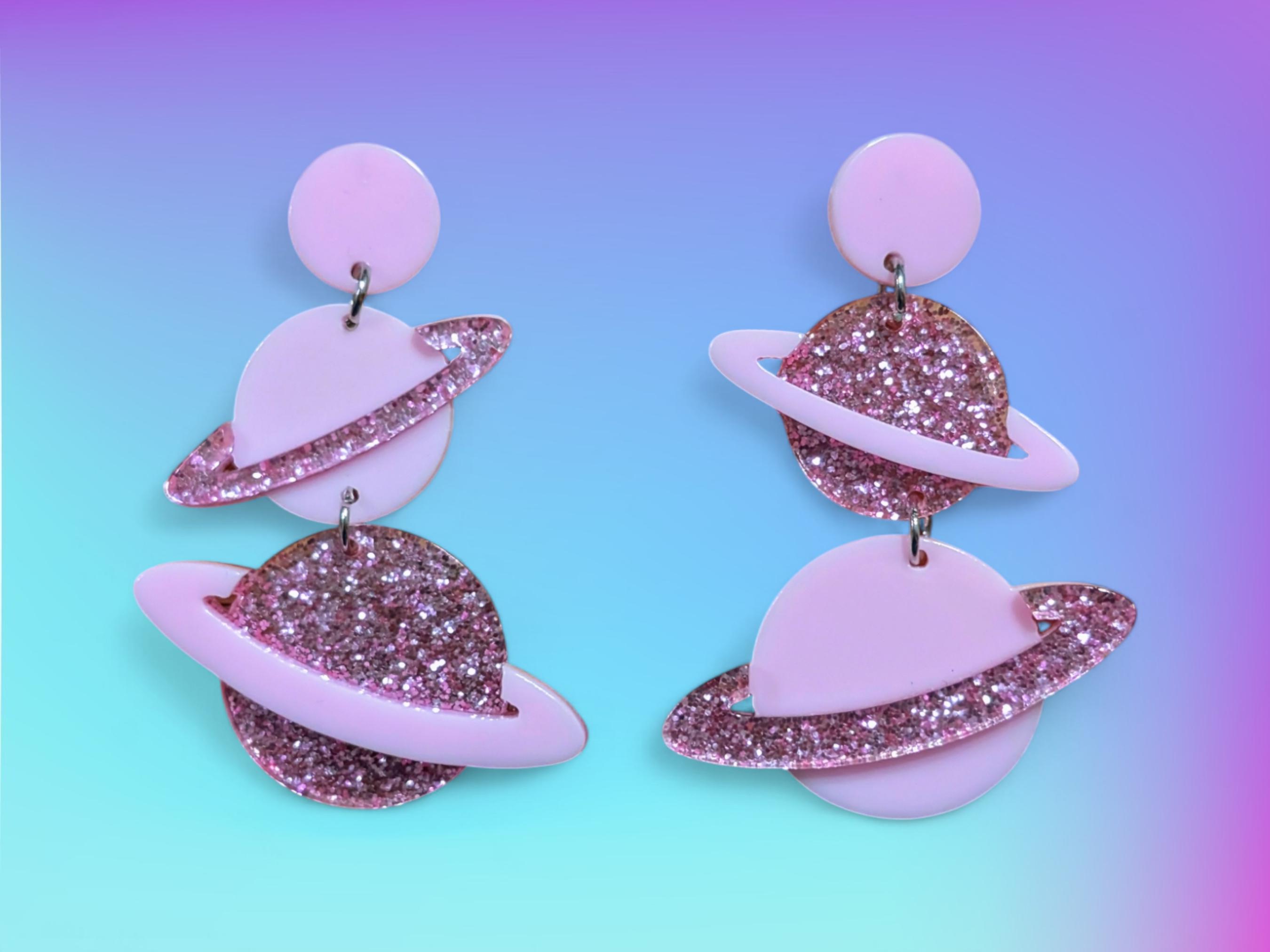 Pink Glitter Ringed Planets Space Saturn Laser Cut Acrylic Earrings - Etsy