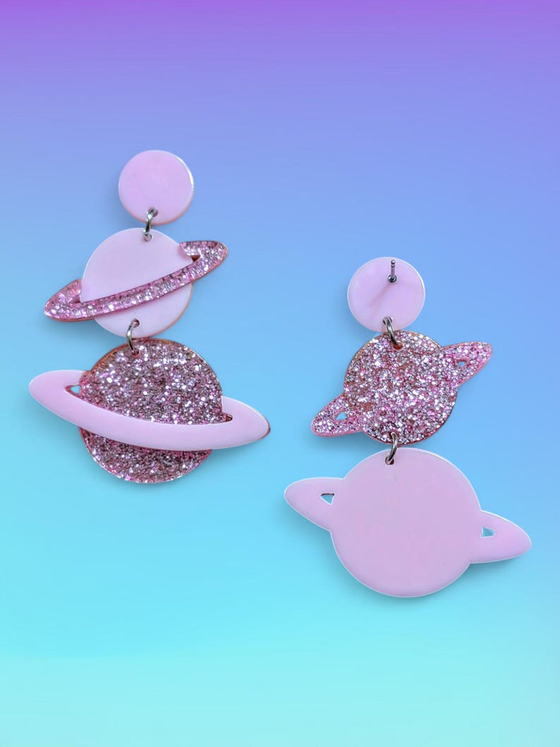 Pink Glitter Ringed Planets Space Saturn Laser Cut Acrylic Earrings - Etsy