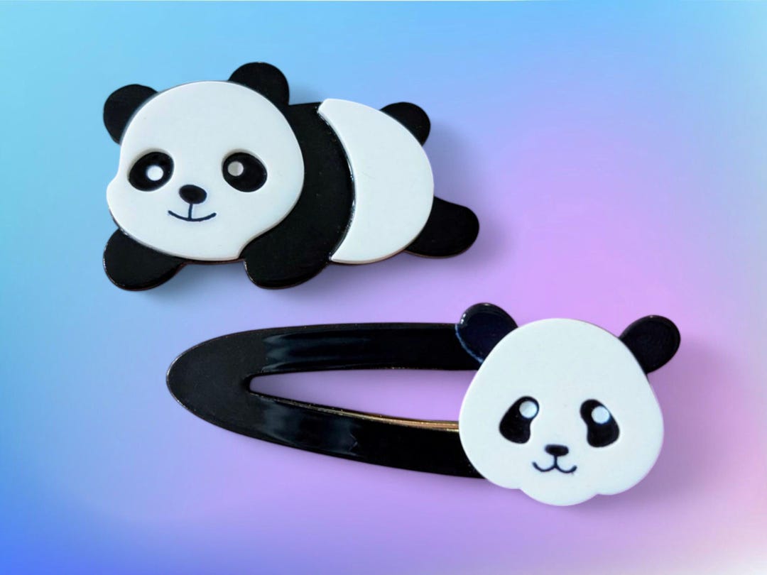 Set of 2 - Cute Black and White Pandas Kawaii Acrylic Barrette Panda ...