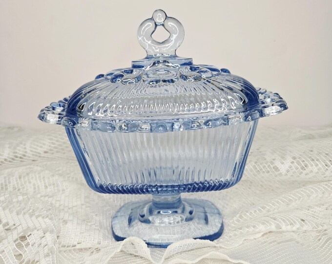 Indiana Glass Blue Lace Edge Horizon Blue Pedestal Candy Dish Lid ...