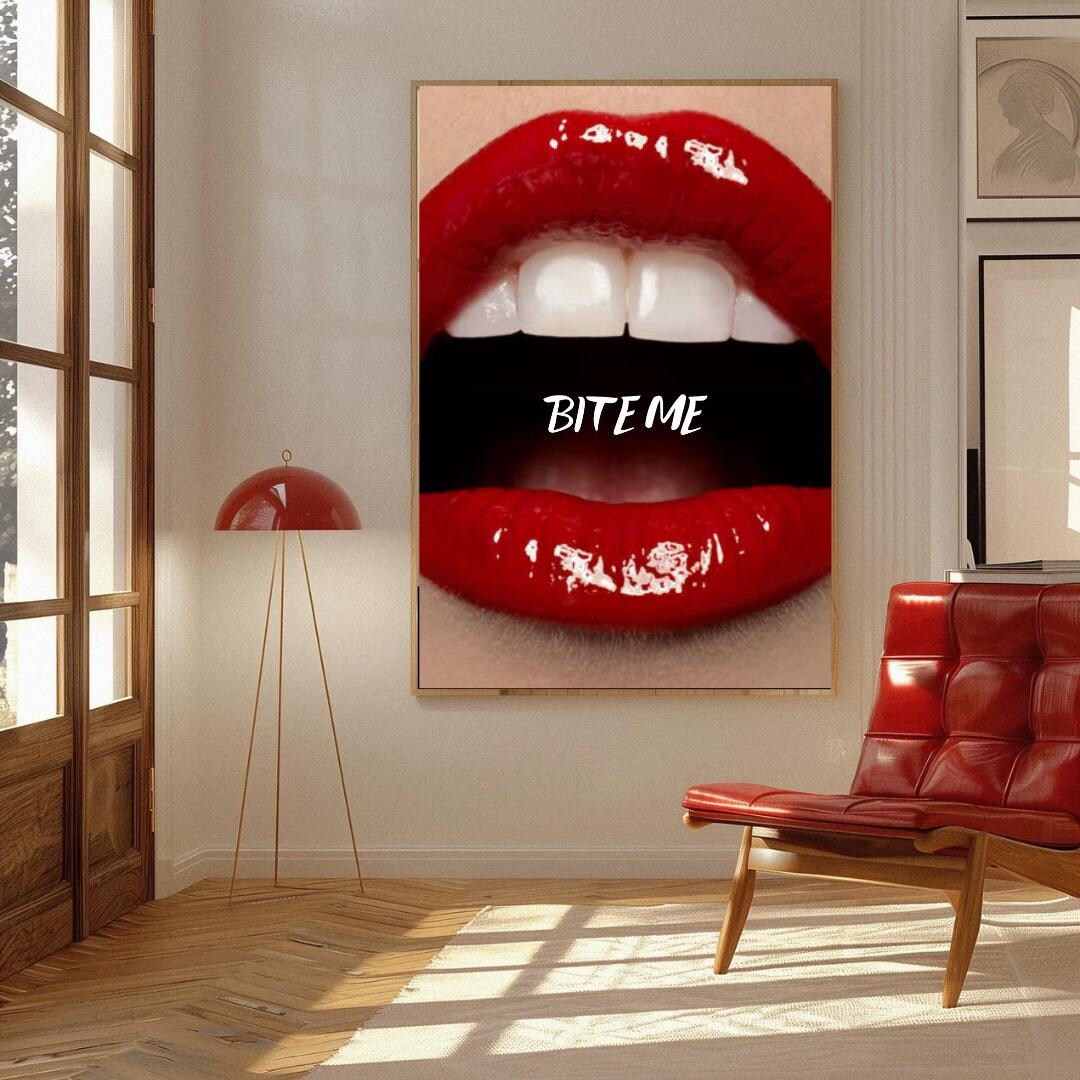 Bite Me Lips Poster, Pink Wall Art, Paint Print, Apartment Wall Decor ...