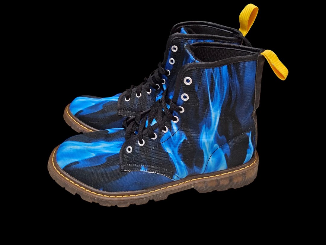 Flame Combat Boots* Blue Flame Boots* Lace-up Boots* Canvas Combat ...