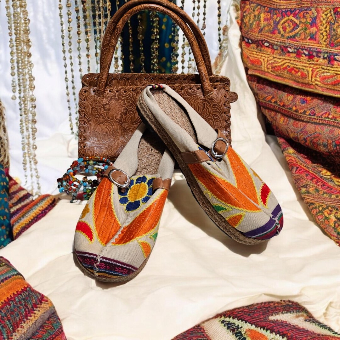 Bohemian Mule Slip on Shoes Cotton Heavy Canvas Fabric Tribal Slip on ...