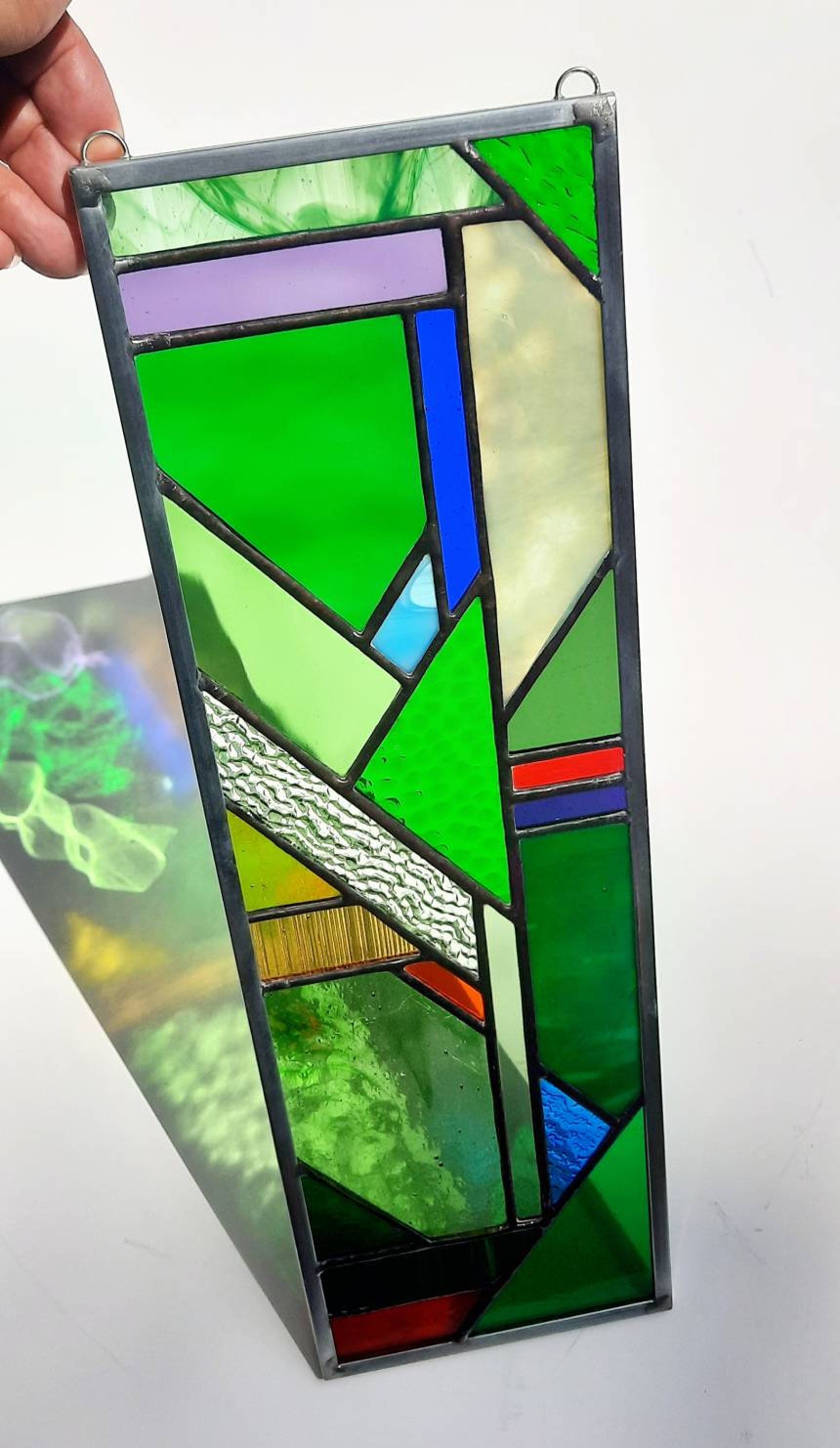 Stained Glass Window Panel Abstract Art in Greens Modern - Etsy
